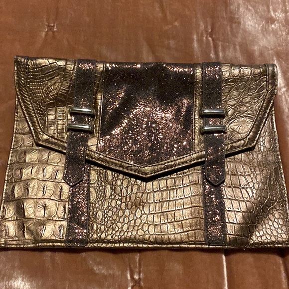 Bags | Vintage Bronze Colored Snakeskin Clutch With Silver Chain Strap ...